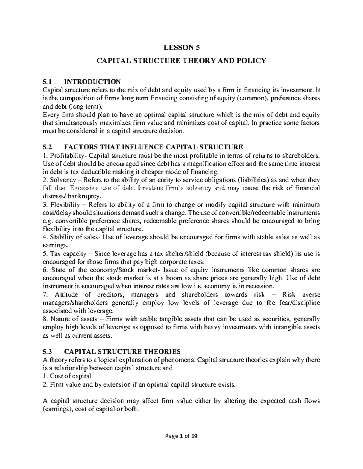 BAC 204 Lesson 5- Capital - LESSON 5 CAPITAL STRUCTURE THEORY AND ...