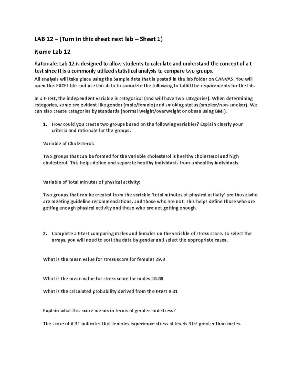 Kinesiology 310 Lab 12 Comparing Means - LAB 12 – (Turn in this sheet ...