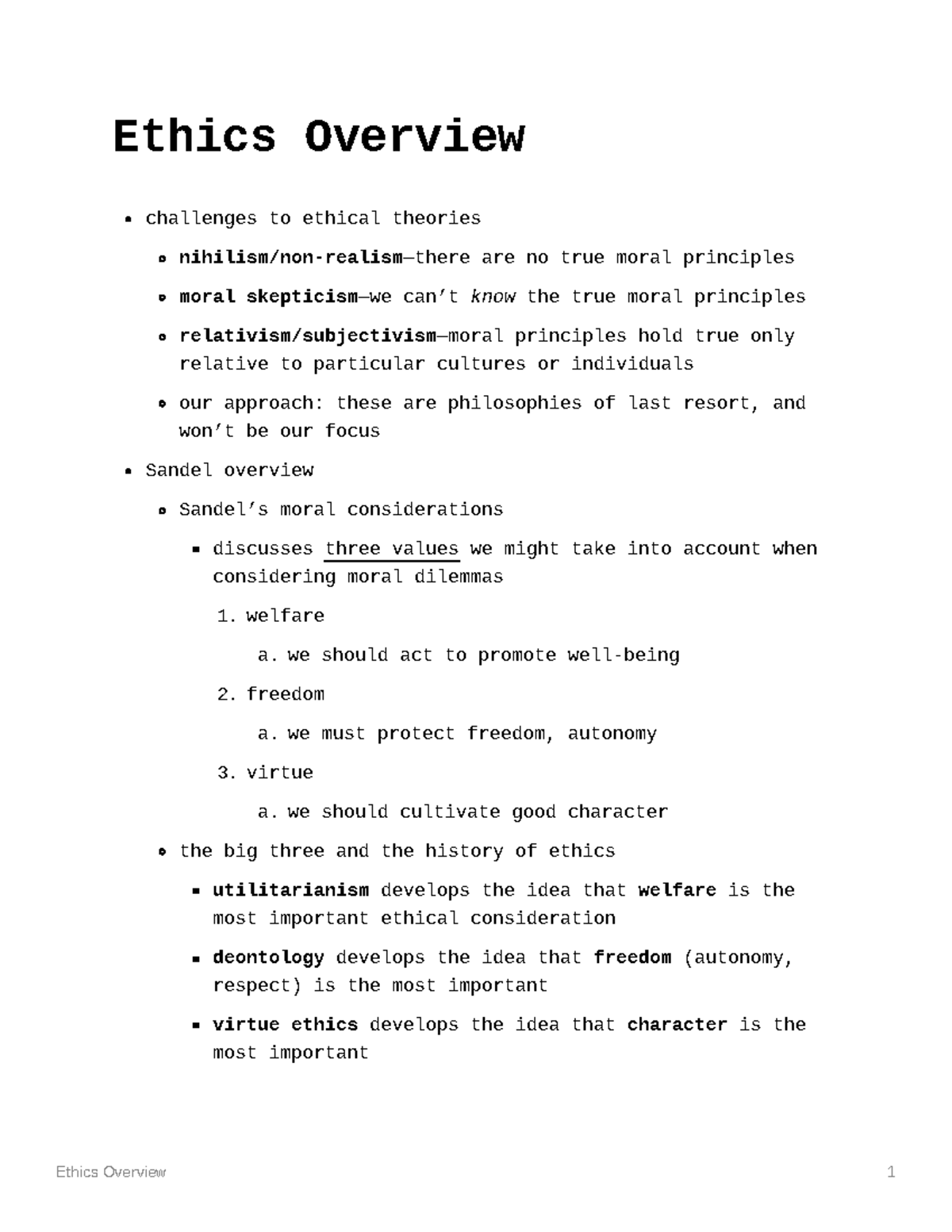 PHIL 1040 Ethics Overview - Ethics Overview 1 Ethics Overview ...