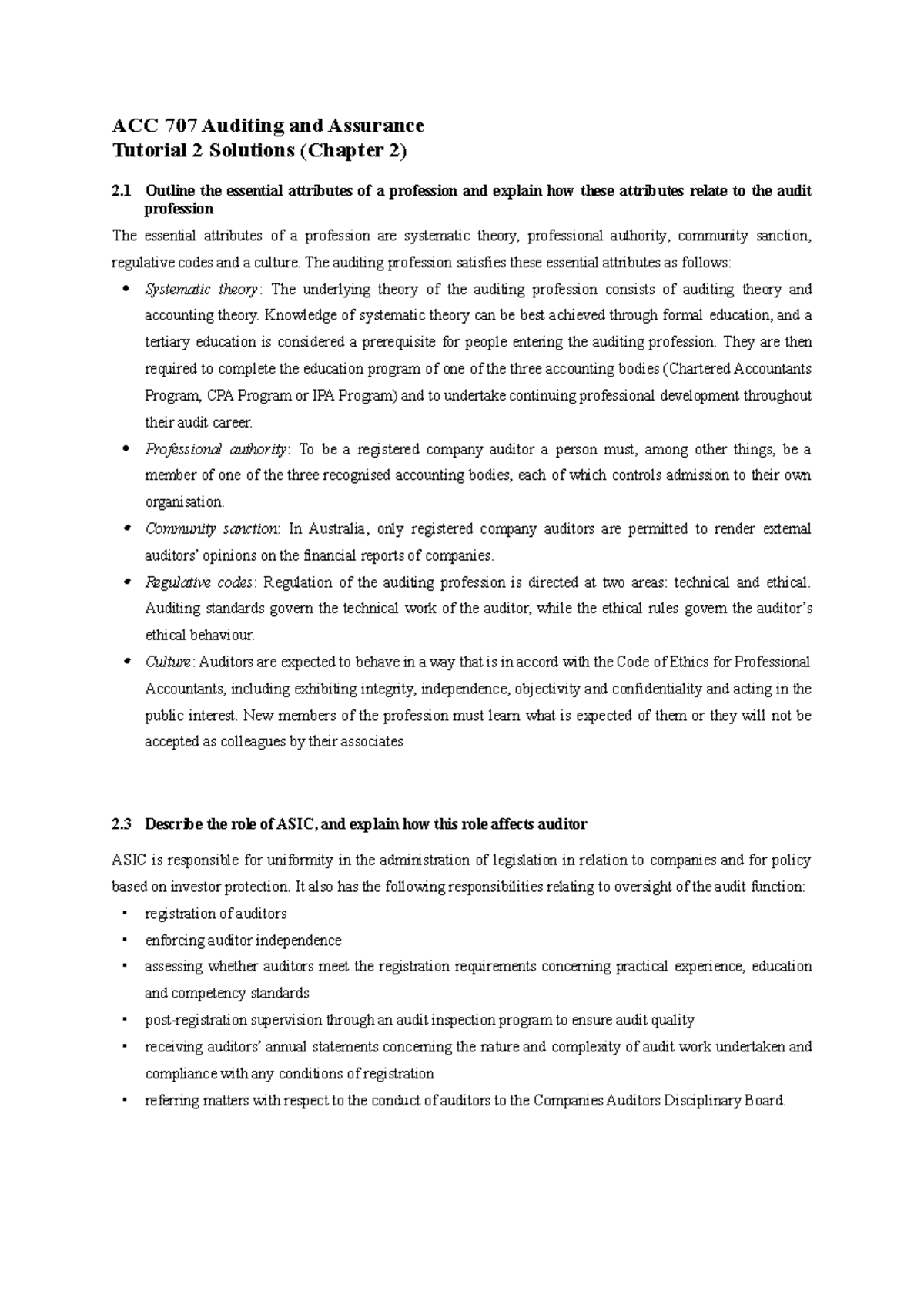 Tutorial 2 Assurance and Auditing Solutions - ACC 707 Auditing and Assurance Tutorial 2 ...