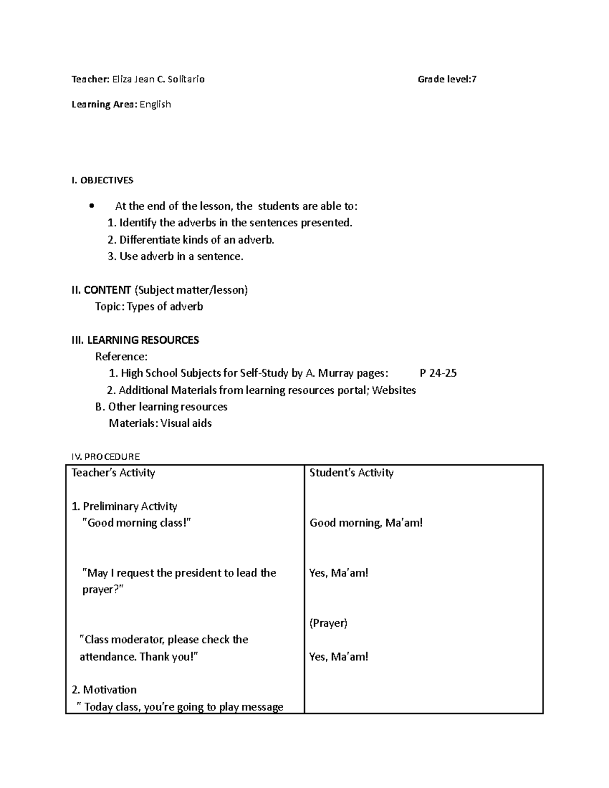 Detailed Lesson PLAN - Teacher: Eliza Jean C. Solitario Grade level ...