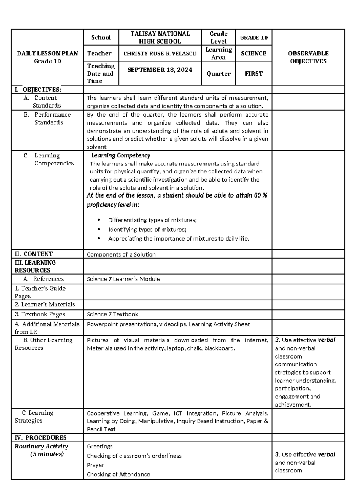 CO124-25 - Science 10 class Observation - DAILY LESSON PLAN Grade 10 ...