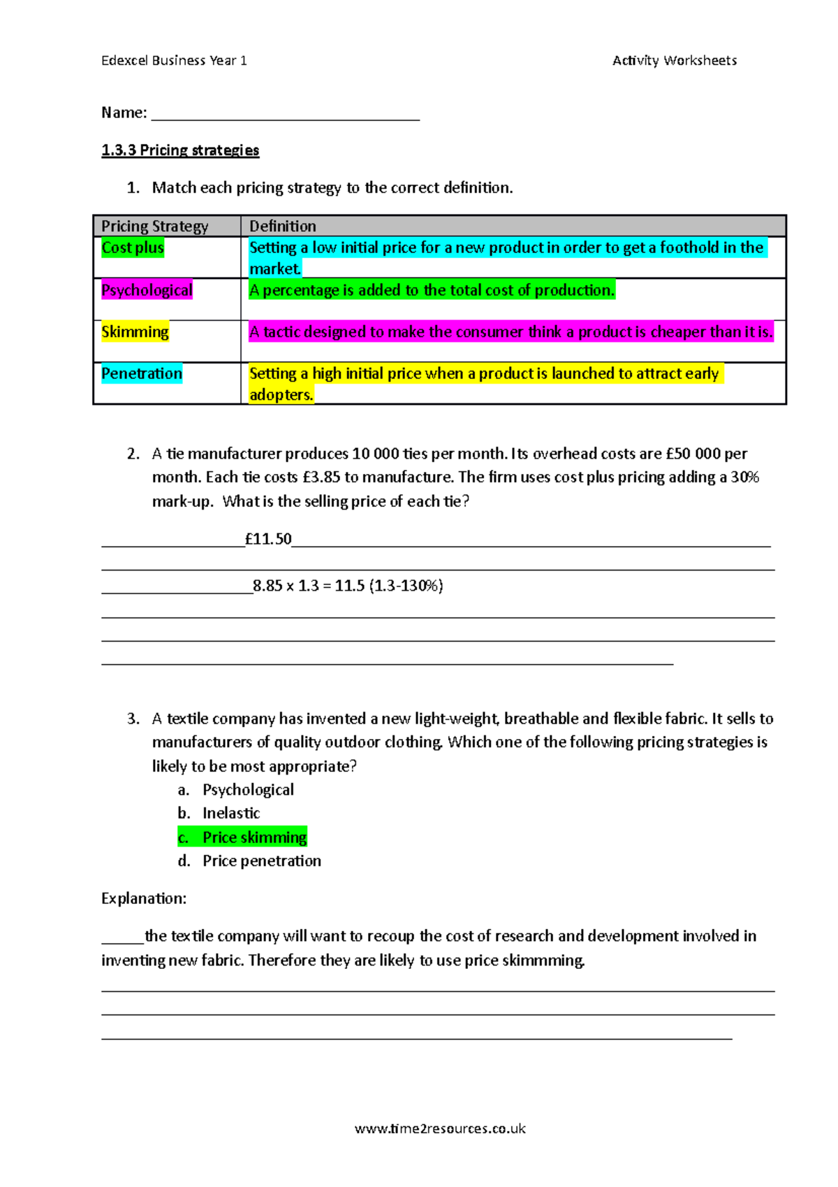 1.3.3 Pricing strategies - Edexcel Business Year 1 Activity Worksheets ...