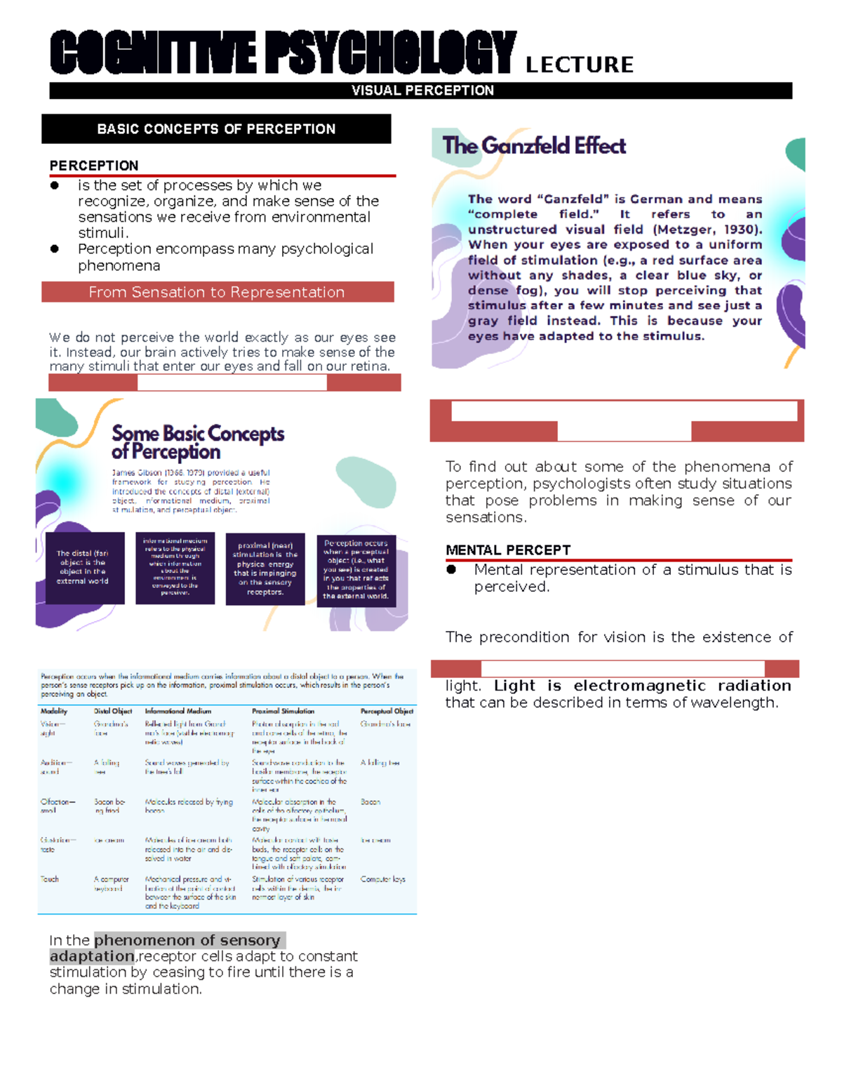 Transes - COGNITIVE PSYCHOLOGY LECTURE VISUAL PERCEPTION BASIC CONCEPTS ...