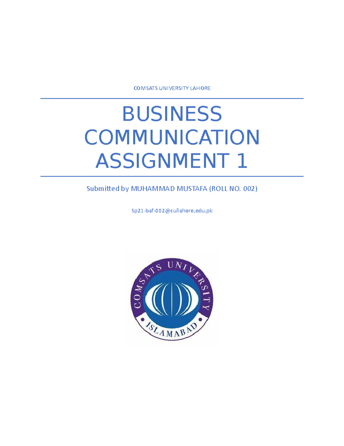 Assignment 1 business communication - COMSATS UNIVERSITY LAHORE BUSINESS COMMUNICATION ...