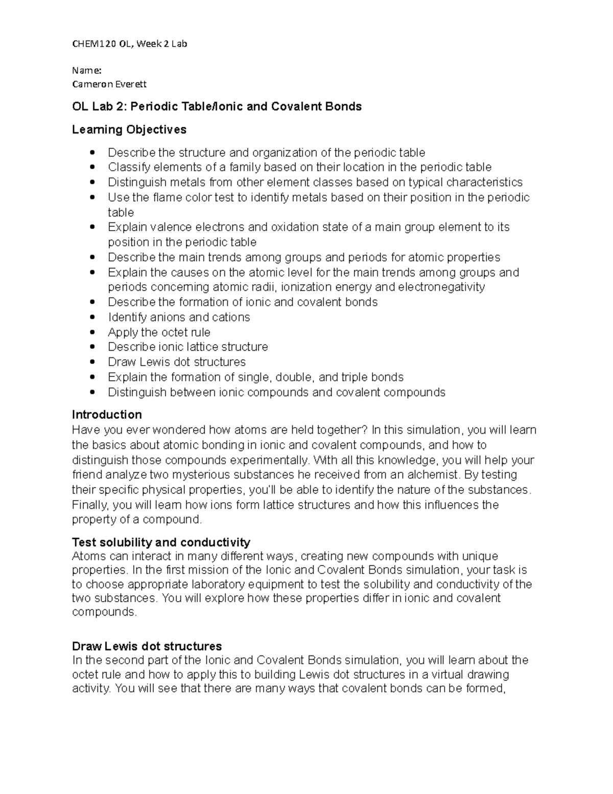 Week 2 Lab-Periodic Table and Ionic and Covalent Bonds - Name: Cameron ...