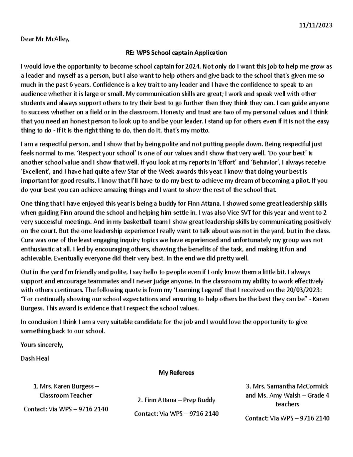 School captian app - hi this is for primary students - 11/11/ Dear Mr ...