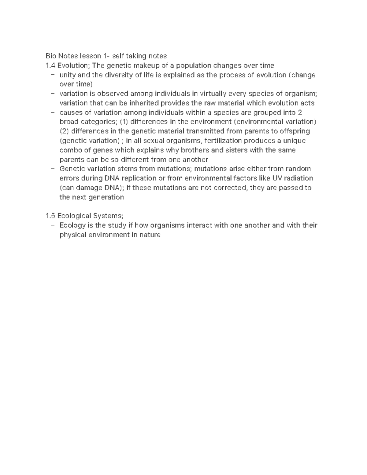 Bio Notes lesson 1- self taking notes - – – – – – Bio Notes lesson 1 ...