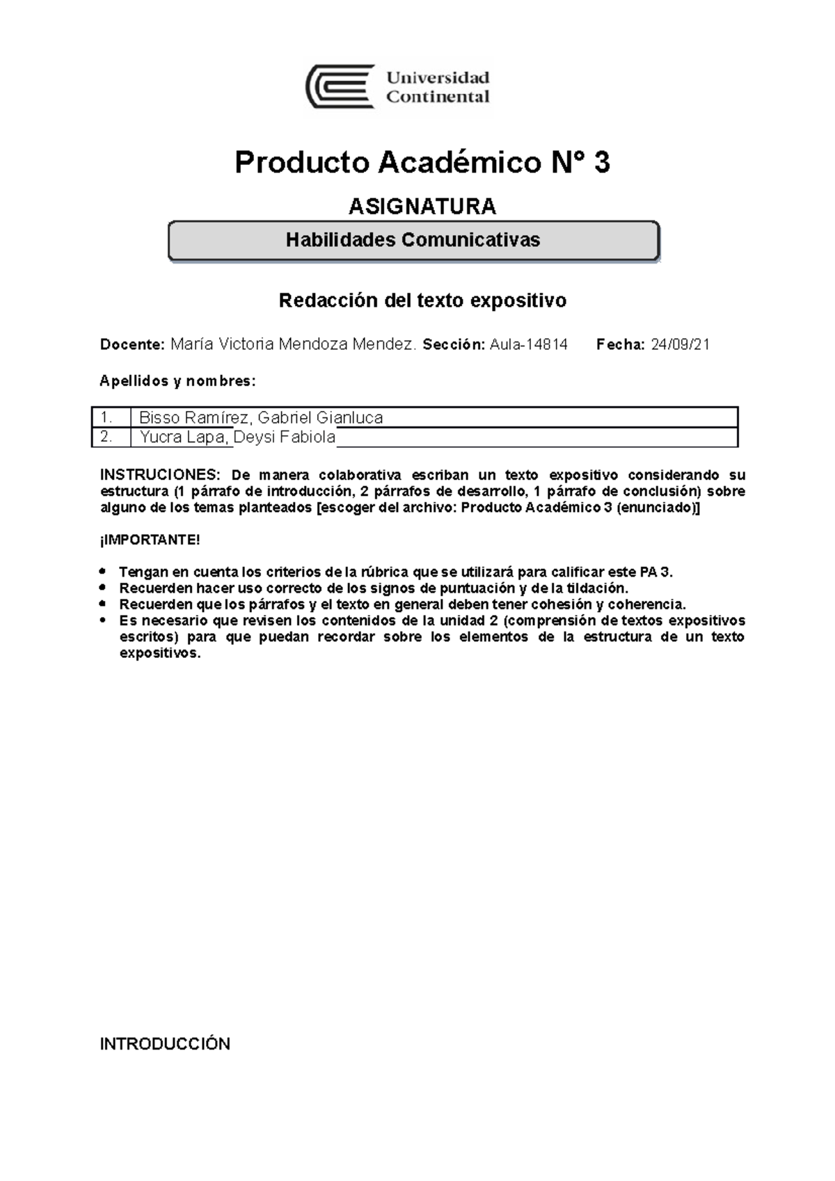 PA3- Habilidades Comunicativas - Producto Académico N° 3 ASIGNATURA Redacción del texto ...