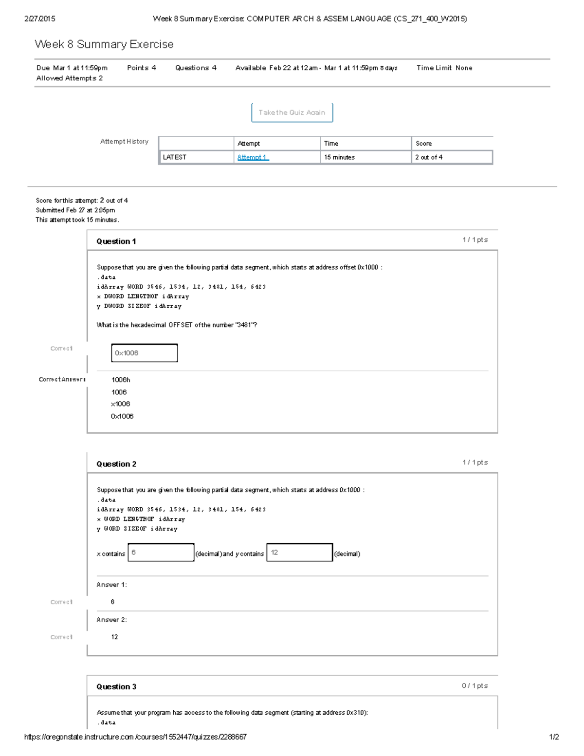 Week 8 Summary Exercise Computer ARCH & Assem Language (CS 271 400 W2015 ) - 2/27/2015 - Studocu