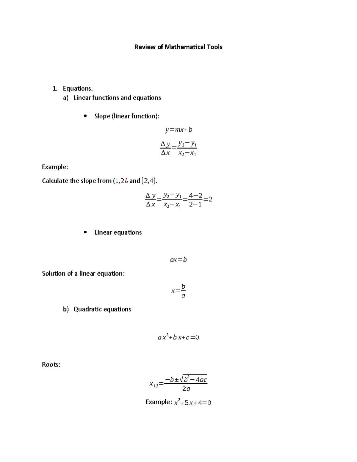 Math Review - Review of Mathema cal Tools Equa ons. a) Linear func ons ...