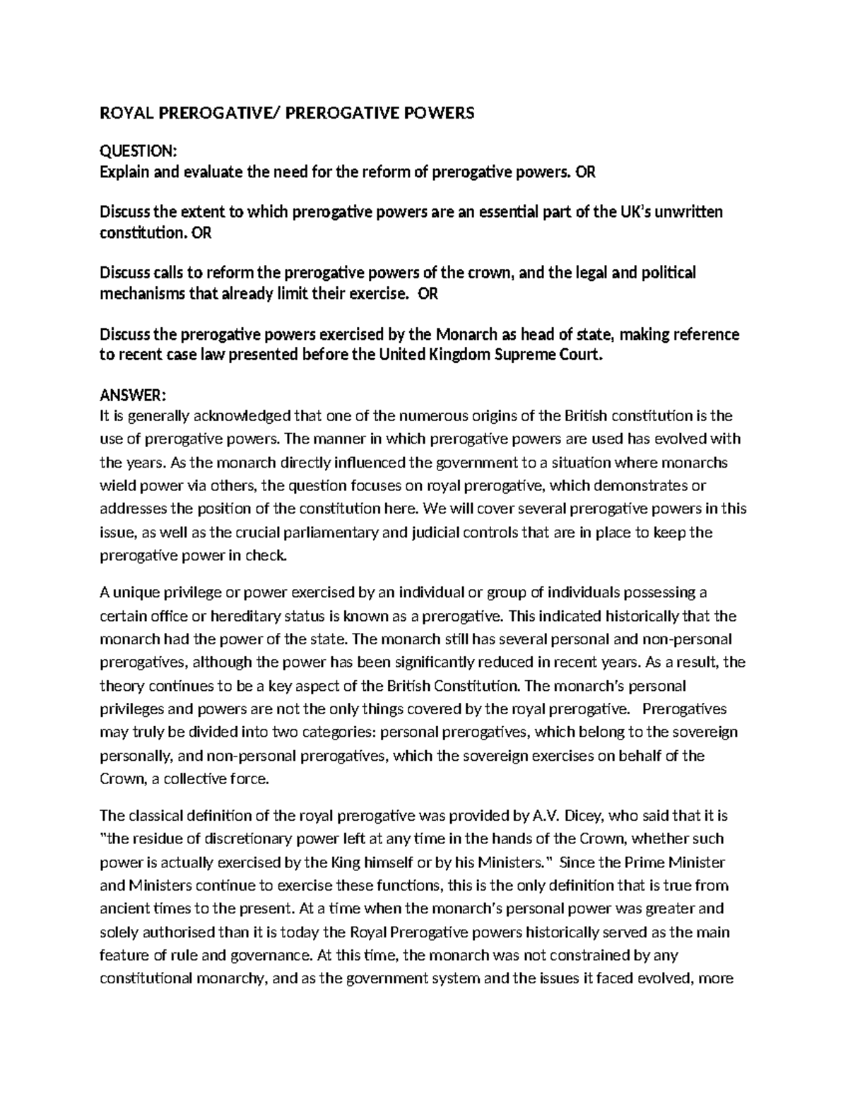 U5 - good - ROYAL PREROGATIVE/ PREROGATIVE POWERS QUESTION: Explain and ...