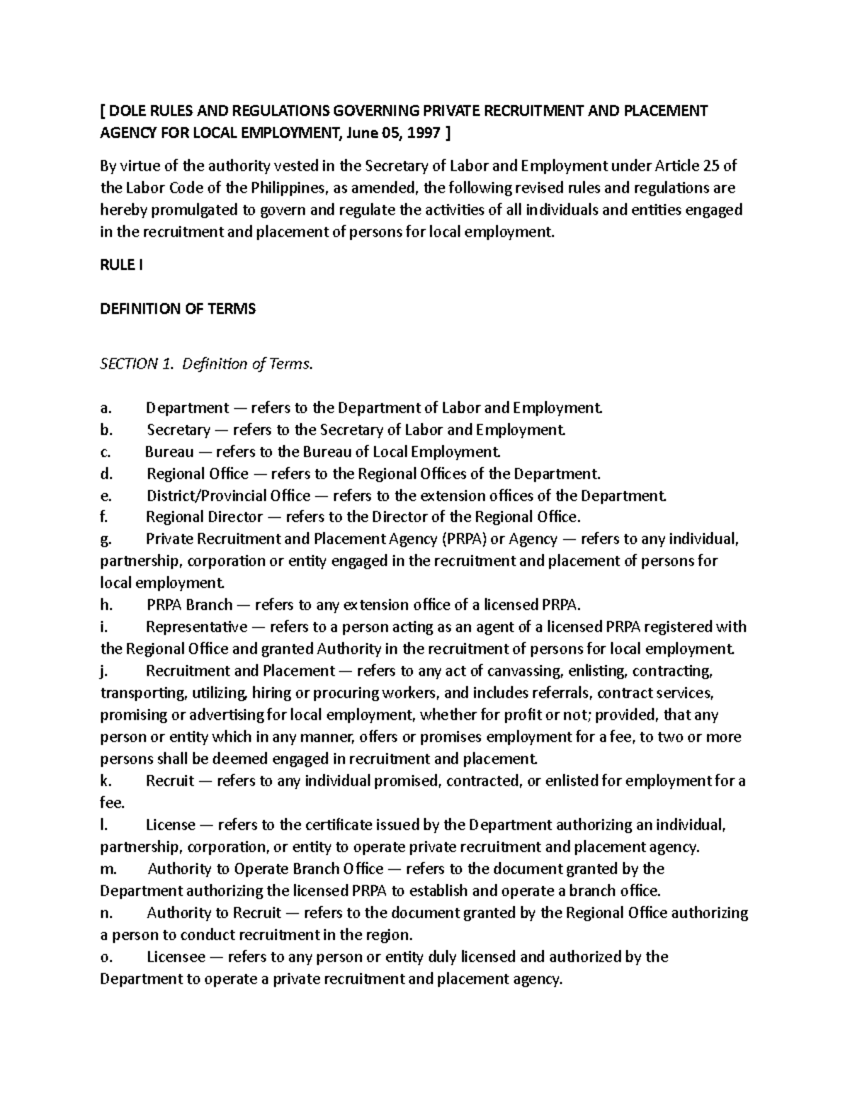 DOLE Rules AND Regulations Governing Private Recruitment AND Placement ...