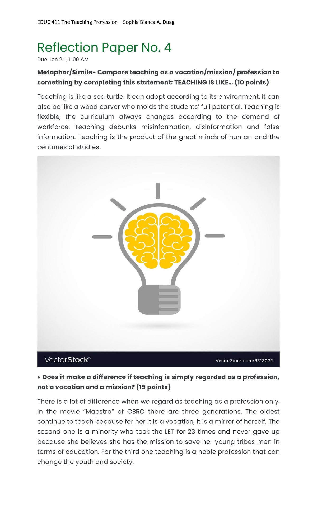 (Sophia Bianca A. Duag) EDUC 411 The Teaching Profession Reflection ...