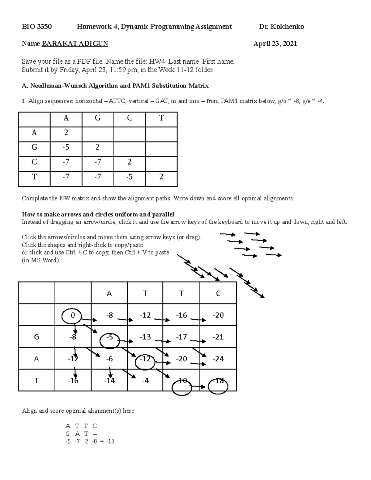 HW4 Adigun Barakat - prof k - BIO 3350 Homework 4, Dynamic Programming Assignment Dr. Kolchenko ...