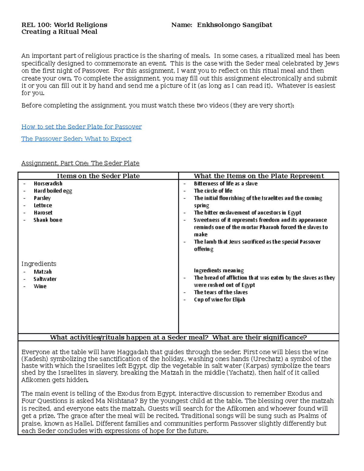 Creating Ritual Meals - REL 100: World Religions Name: Enkhsolongo ...