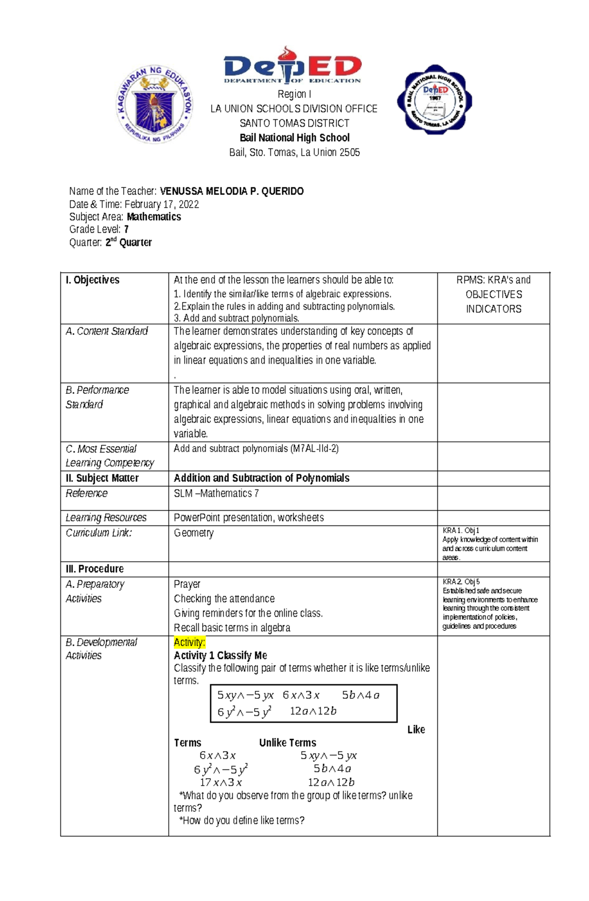 Lesson plan math 7 - Region I LA UNION SCHOOLS DIVISION OFFICE SANTO ...