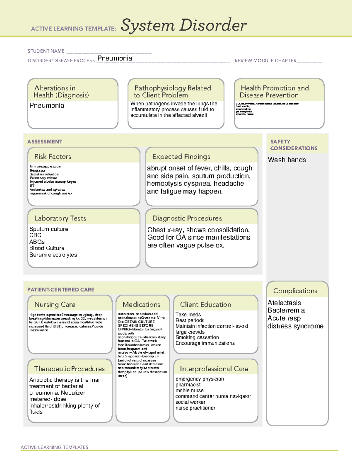 System disorder pneumonia - ACTIVE LEARNING TEMPLATES System Disorder ...