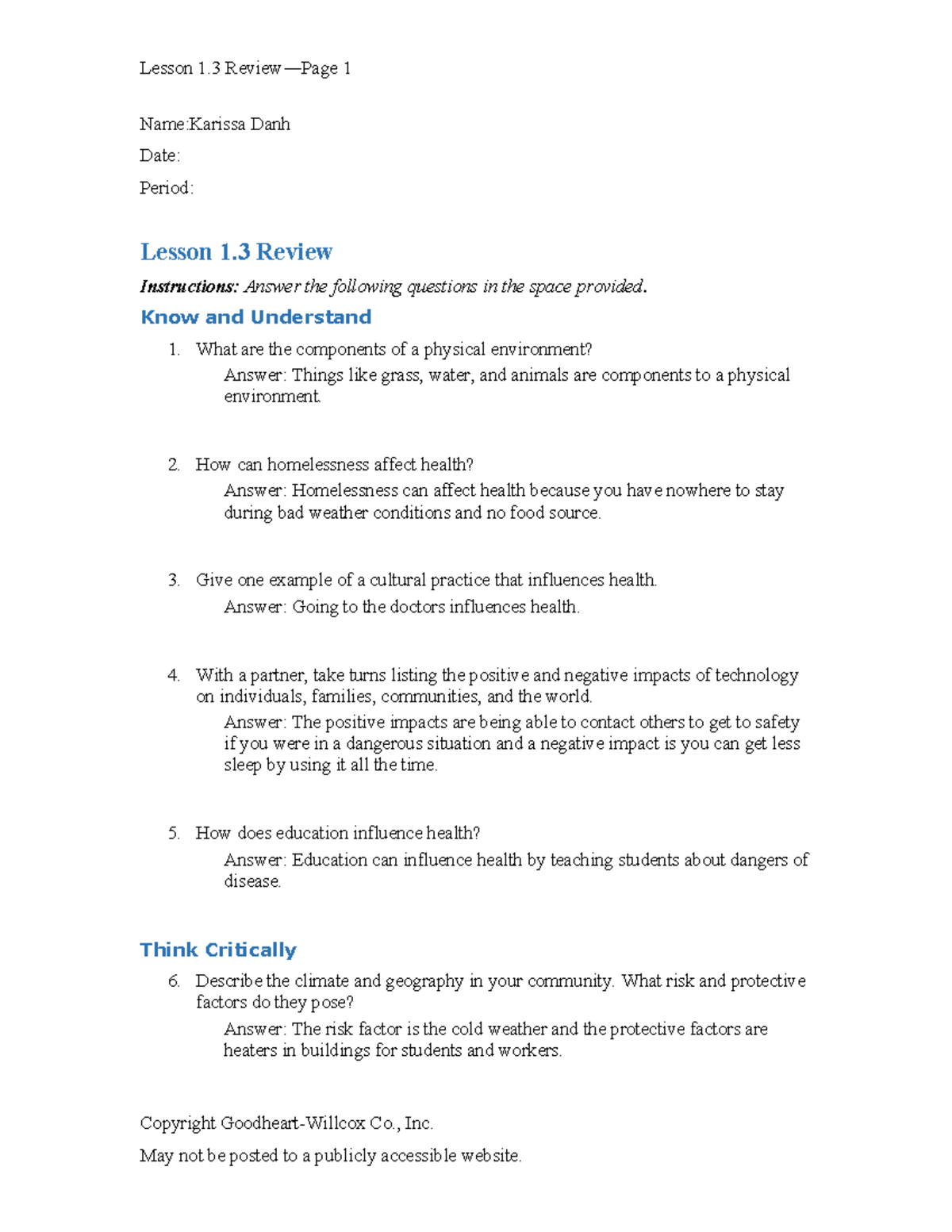 Ch01 ch01-03 revieww - worksheet - Lesson 1 Review—Page 1 Name:Karissa ...