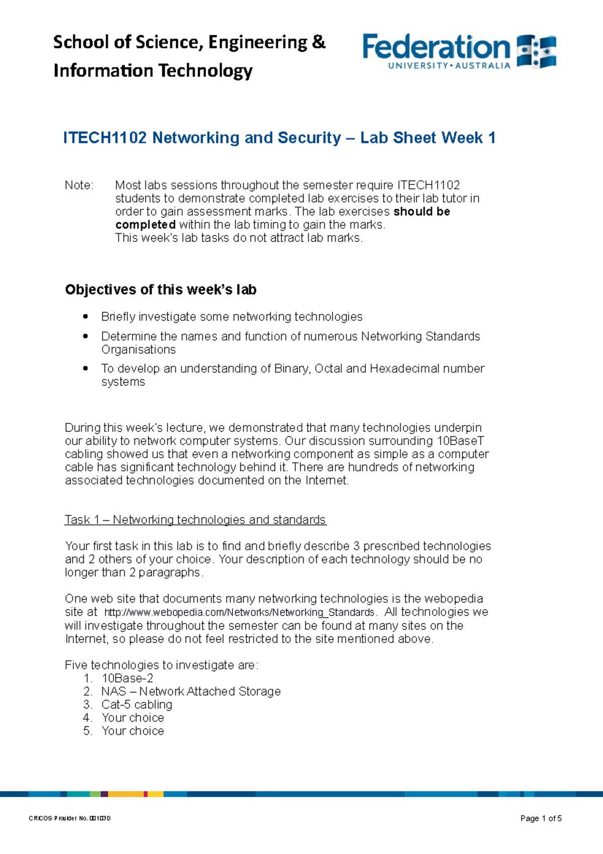 Week 1 Lab Sheet - Itech 1102 Networking and Security - Information ...