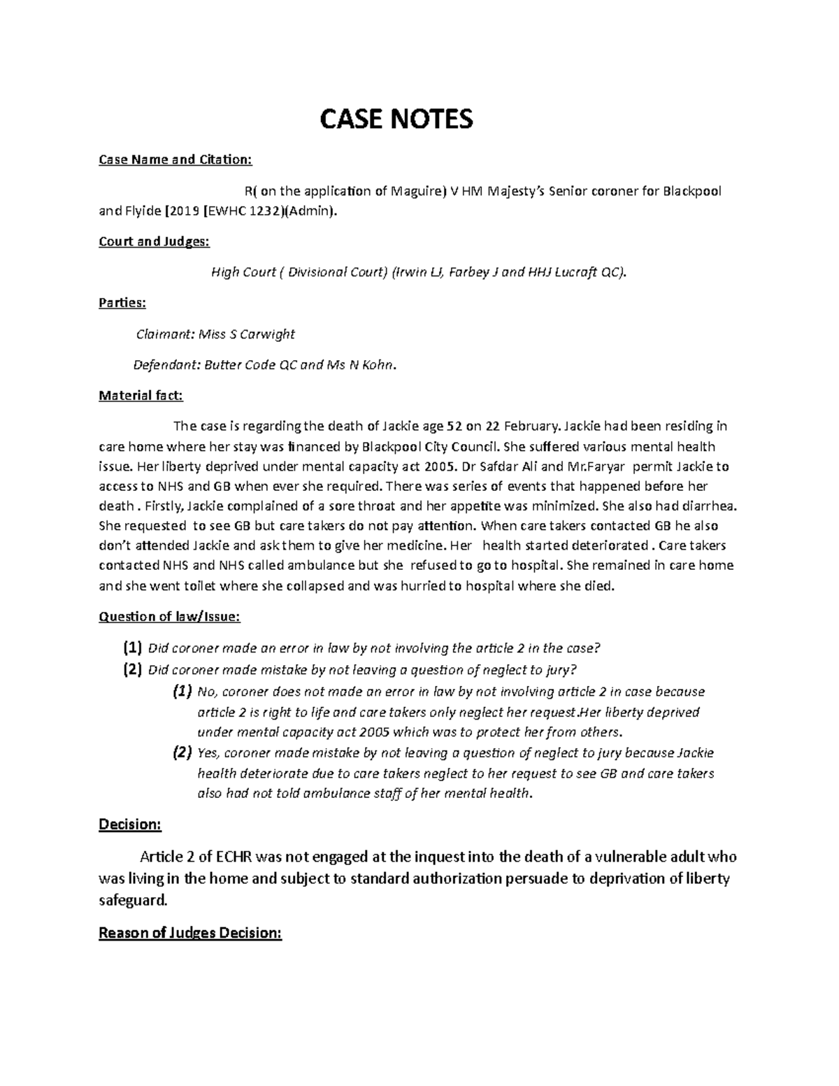Document - how to write casenote - CASE NOTES Case Name and Citation: R ...