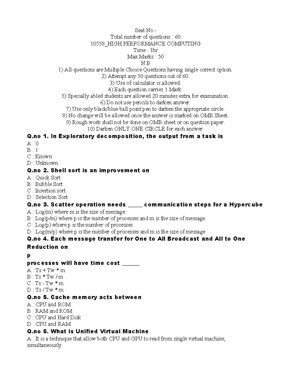 High Performance Computing Solved Mcqs set - Seat No - Total number of ...