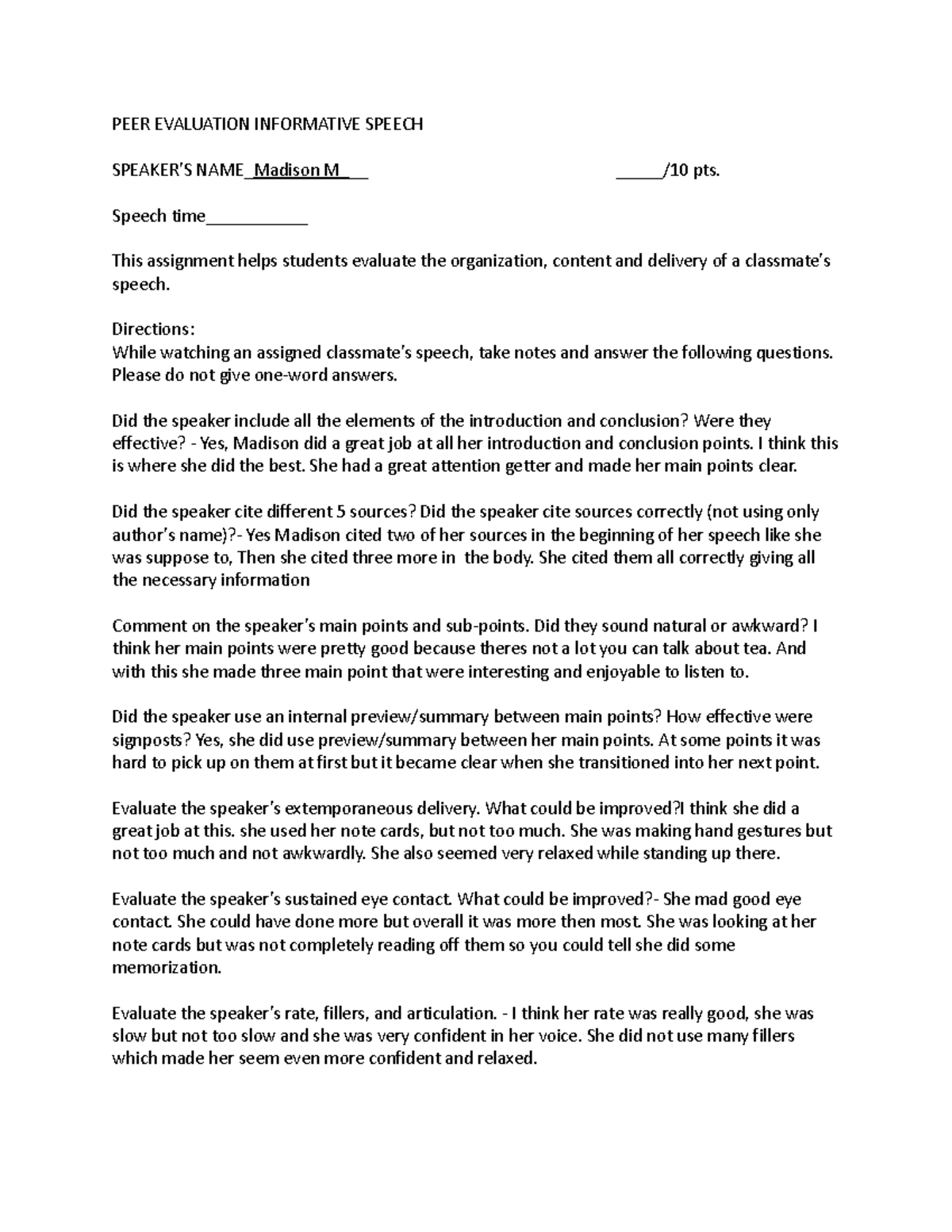 Madison peer evaluation - PEER EVALUATION INFORMATIVE SPEECH SPEAKER’S ...