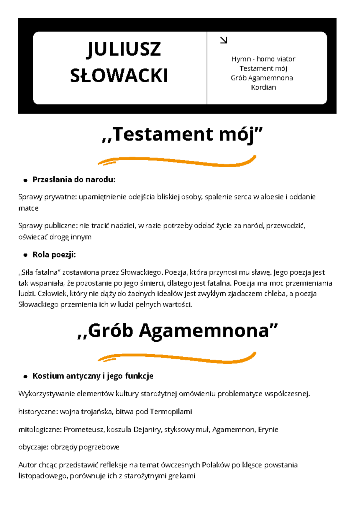 Juliusz Słowacki - notatki - ,,Testament mój” Sprawy prywatne ...