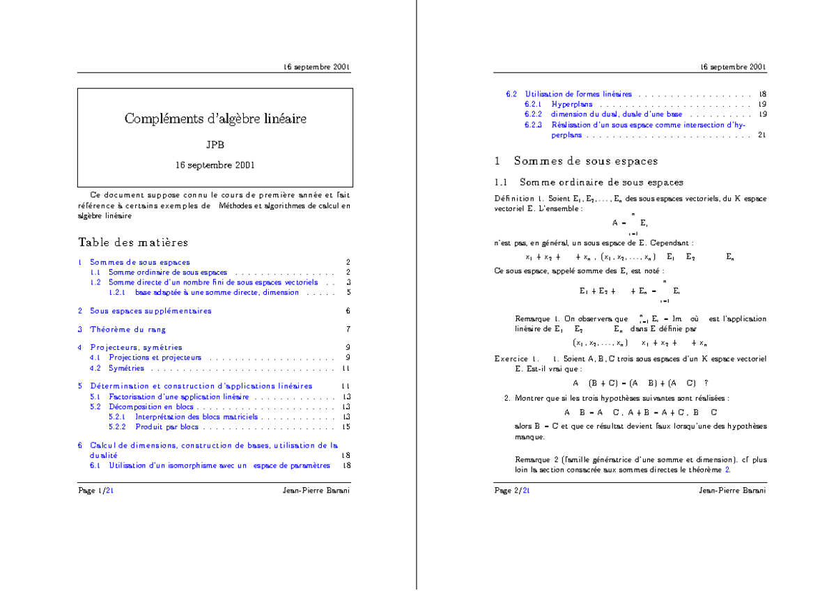 Cours algebre lineaire 1 - 16 septembre 2001 Compl ́ements d’alg`ebre ...