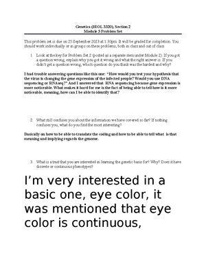 Module 1 Problem Set - assignment - Genetics (BIOL 3320), Section 2 Module 1 Problem Set This ...