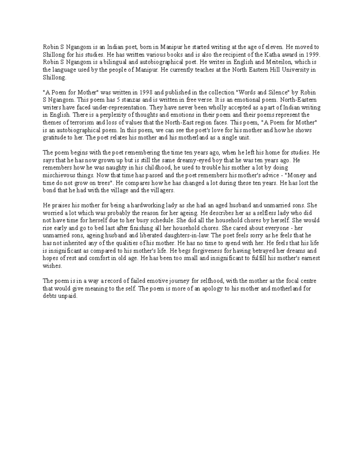 A Poem for Mother - Robin S Ngangom is an Indian poet, born in Manipur ...