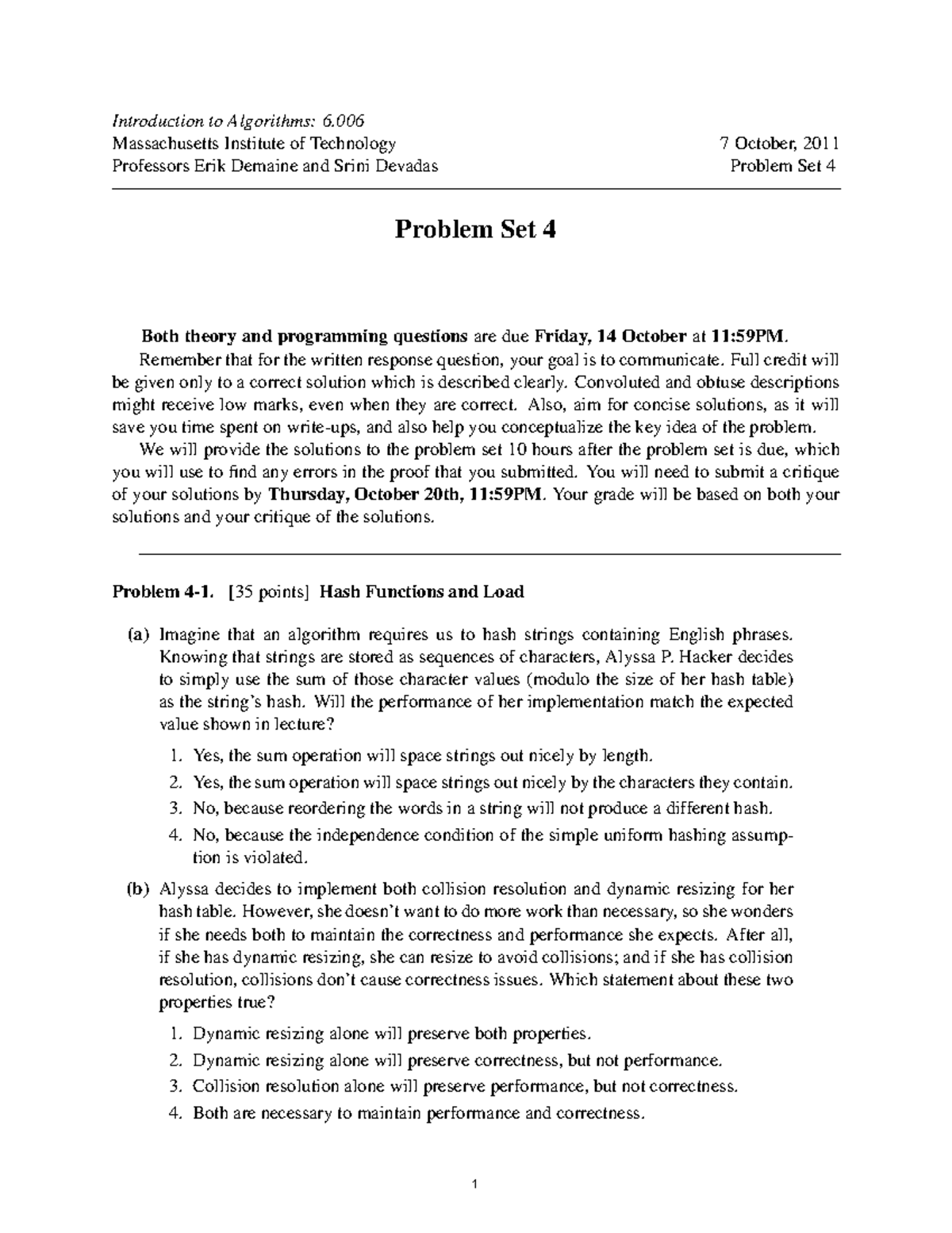 Problemset - Problems - Introduction to Algorithms: 6. Massachusetts Institute of Technology 7 ...