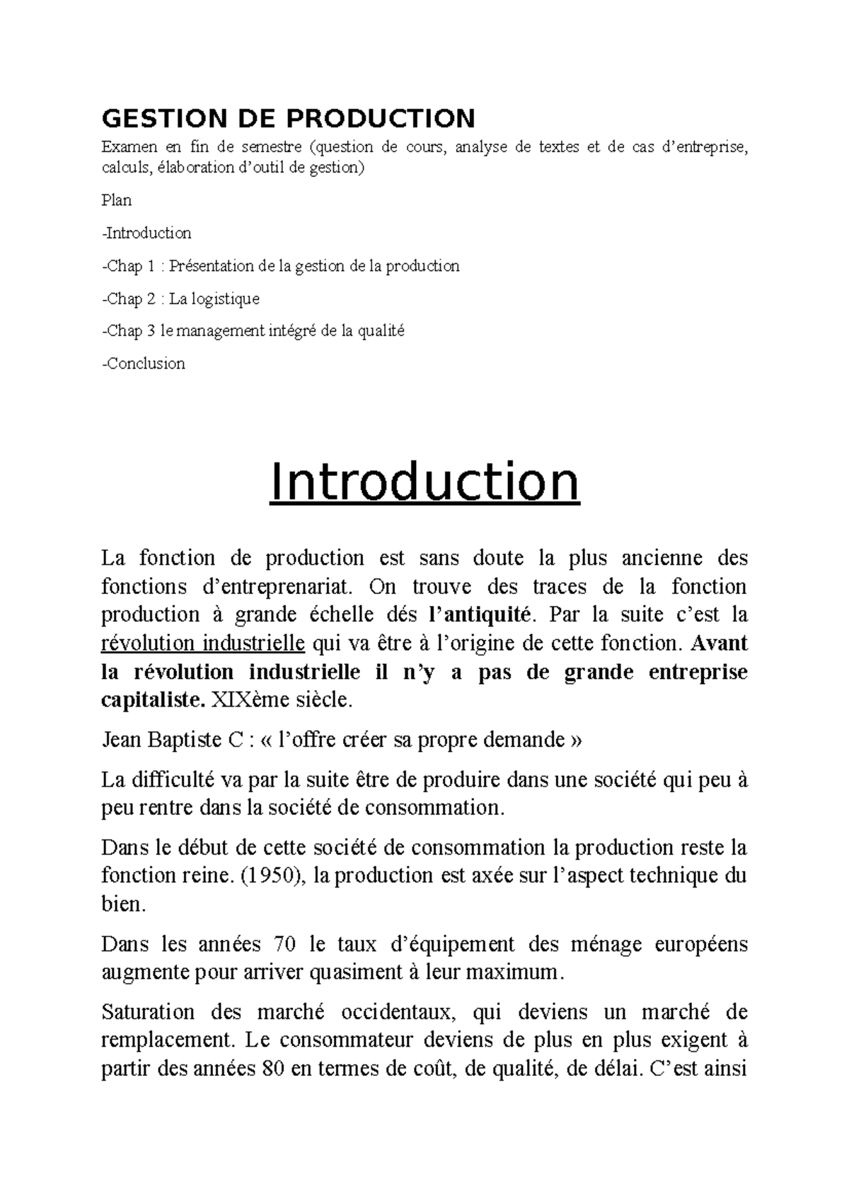 Introduction - NOTE DE COURS - GESTION DE PRODUCTION Examen en fin de semestre (question de ...
