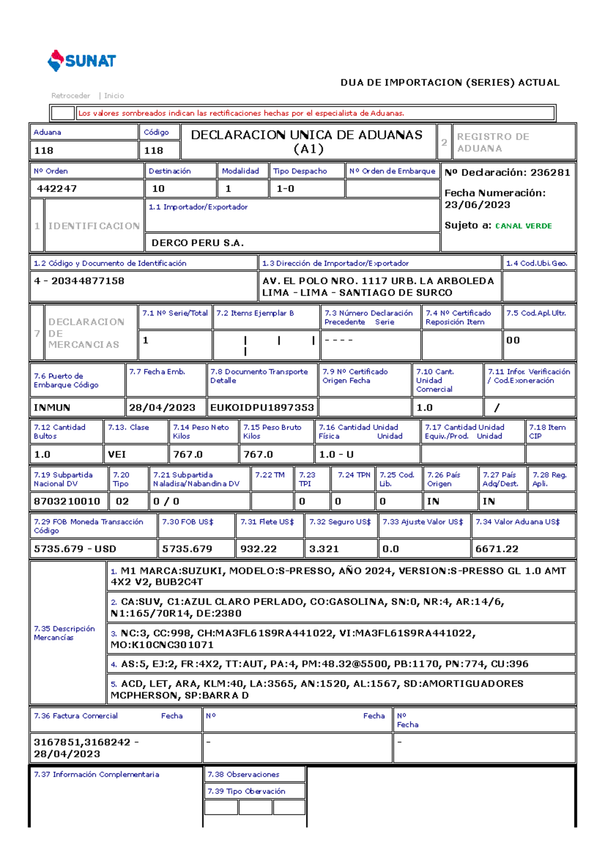 DUA 236281 - Suzuki - DUA - DUA DE IMPORTACION (SERIES) ACTUAL ...
