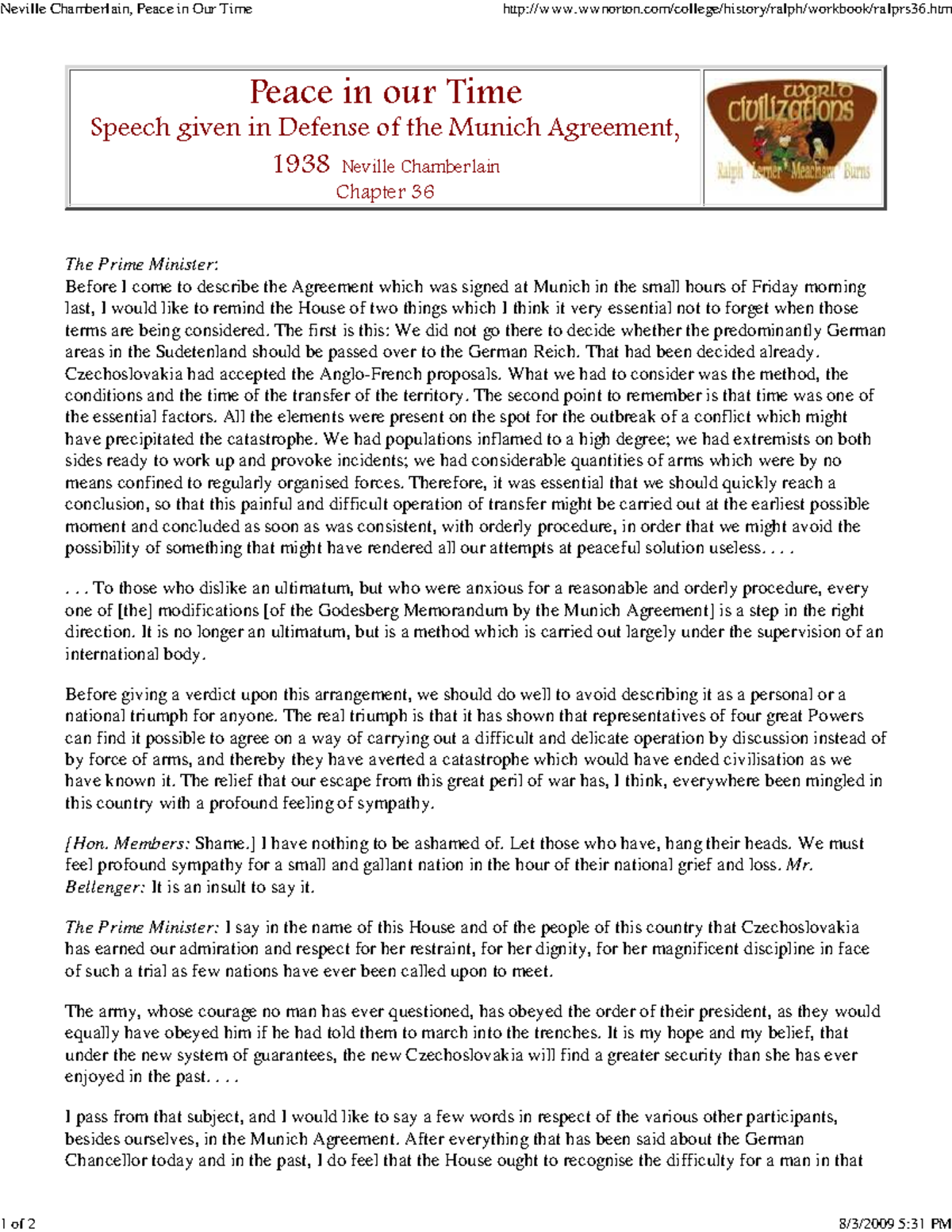 Chamberlain Peace in Our Time - Peace in our Time Speech given in ...