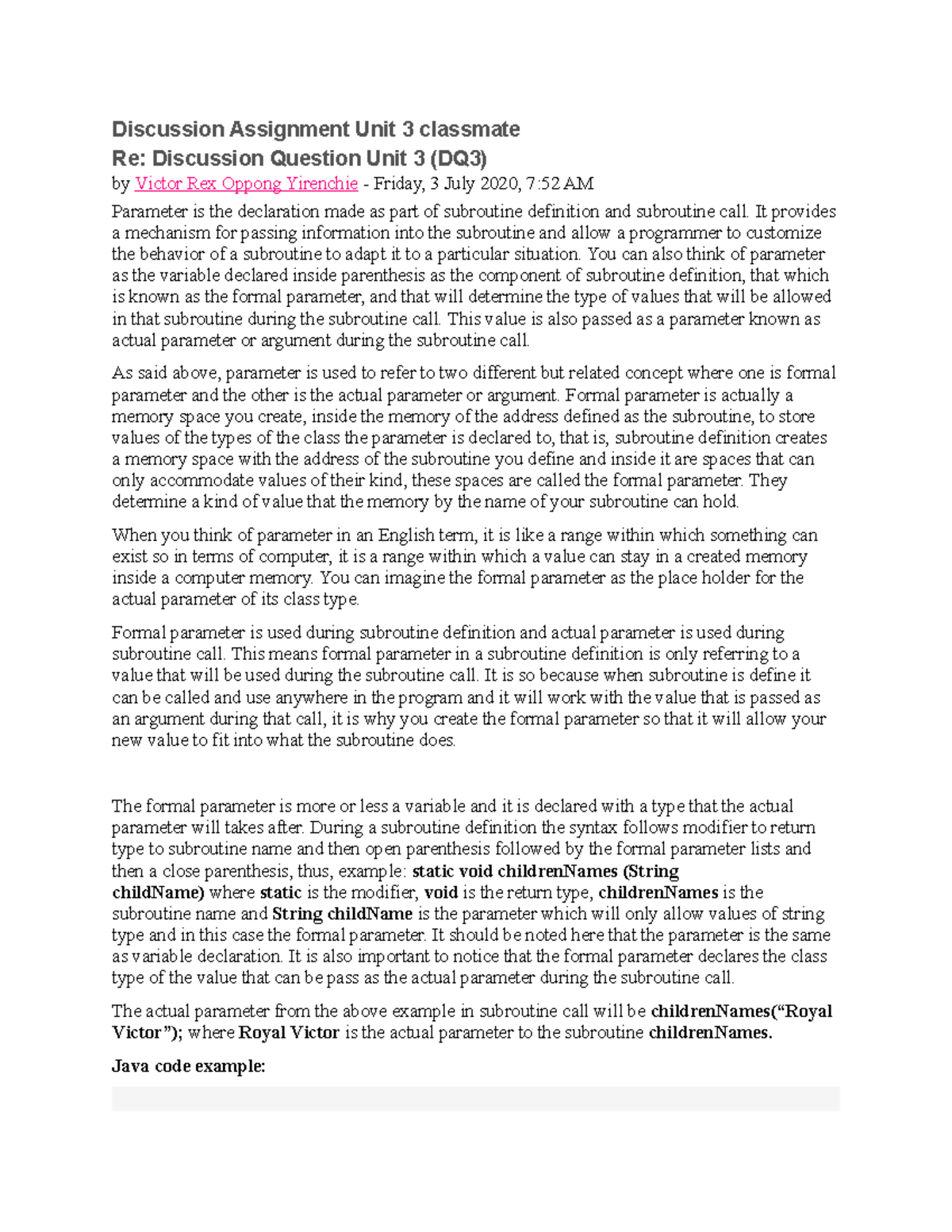 Discussion Assignment Unit 3 classmate - Discussion Assignment Unit 3 ...