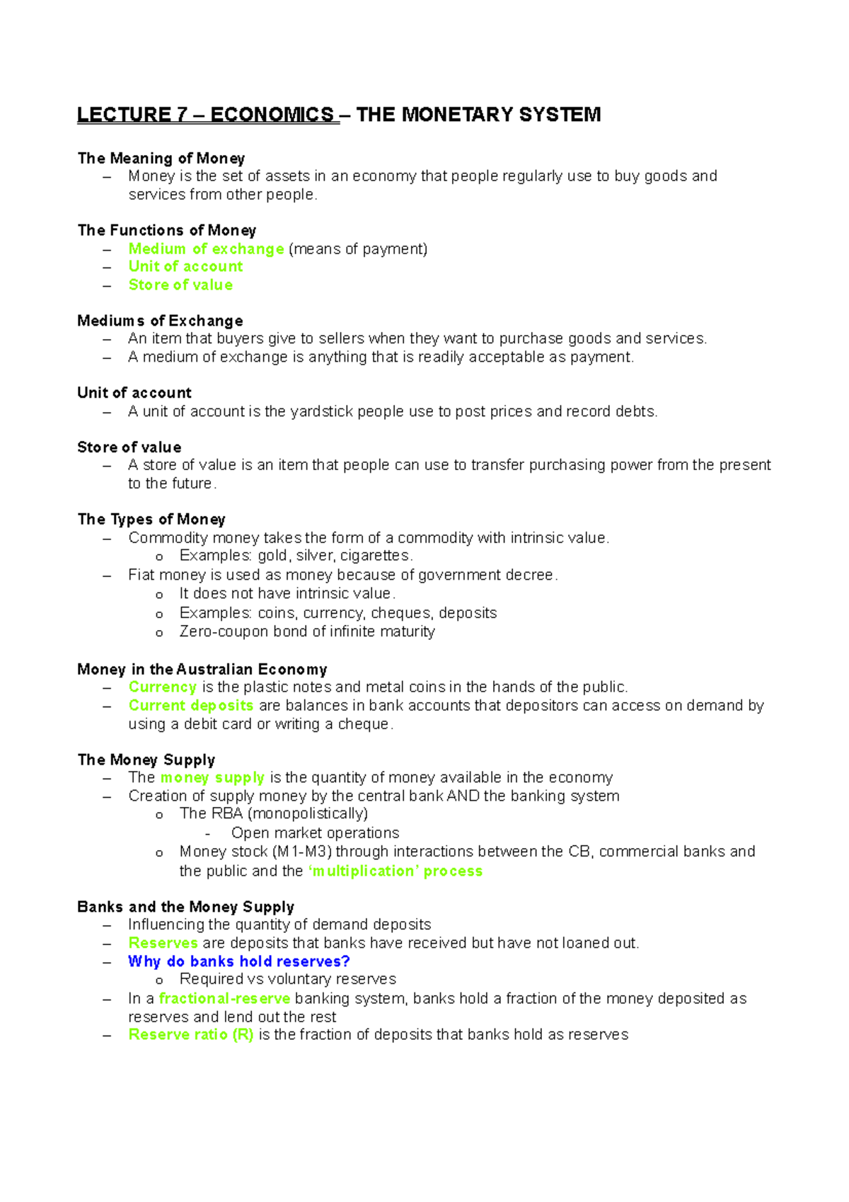 Lecture 7 - The Monetary System - LECTURE 7 ECONOMICS THE MONETARY ...