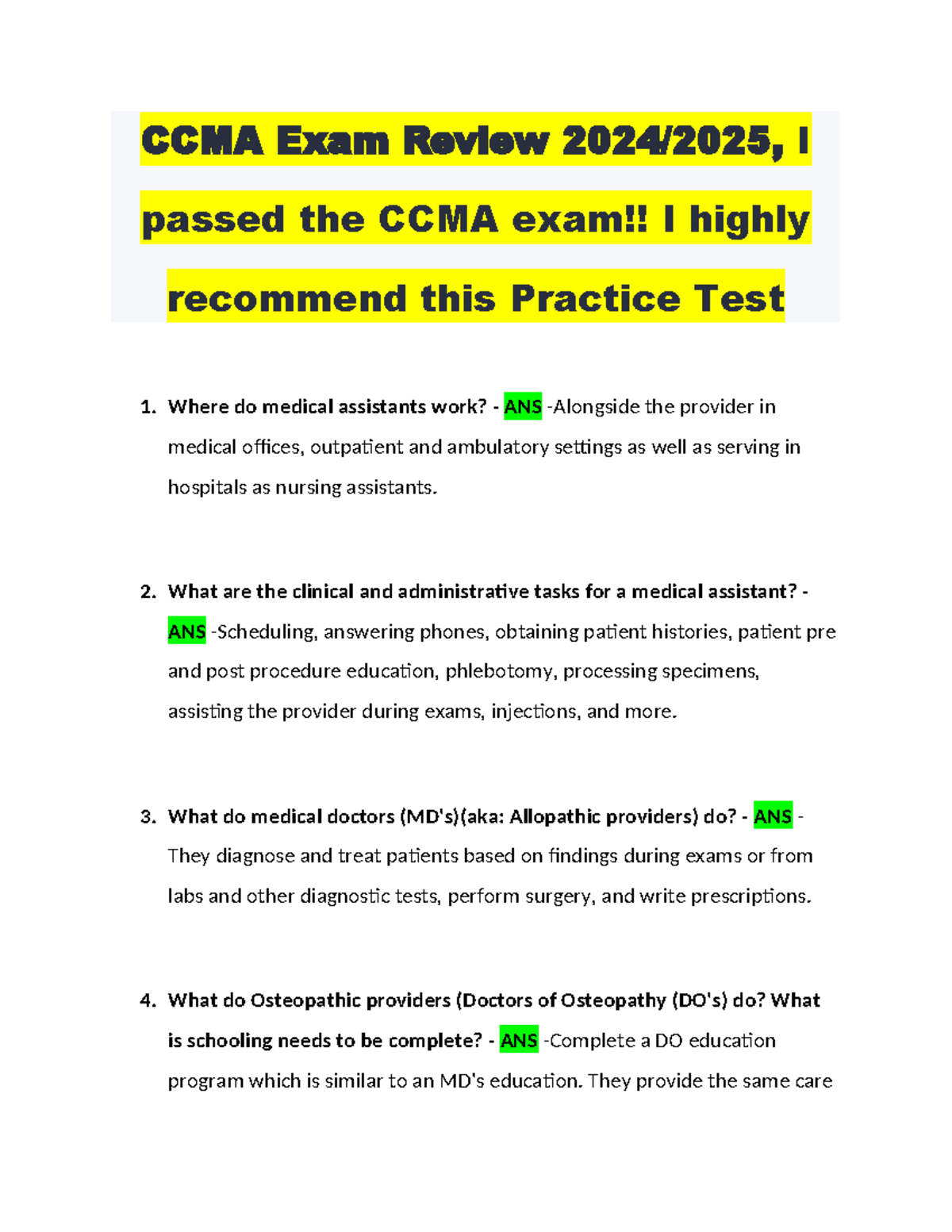 CCMA Exam Review 2024 - CCMA Exam Review 2024/2025, I passed the CCMA ...