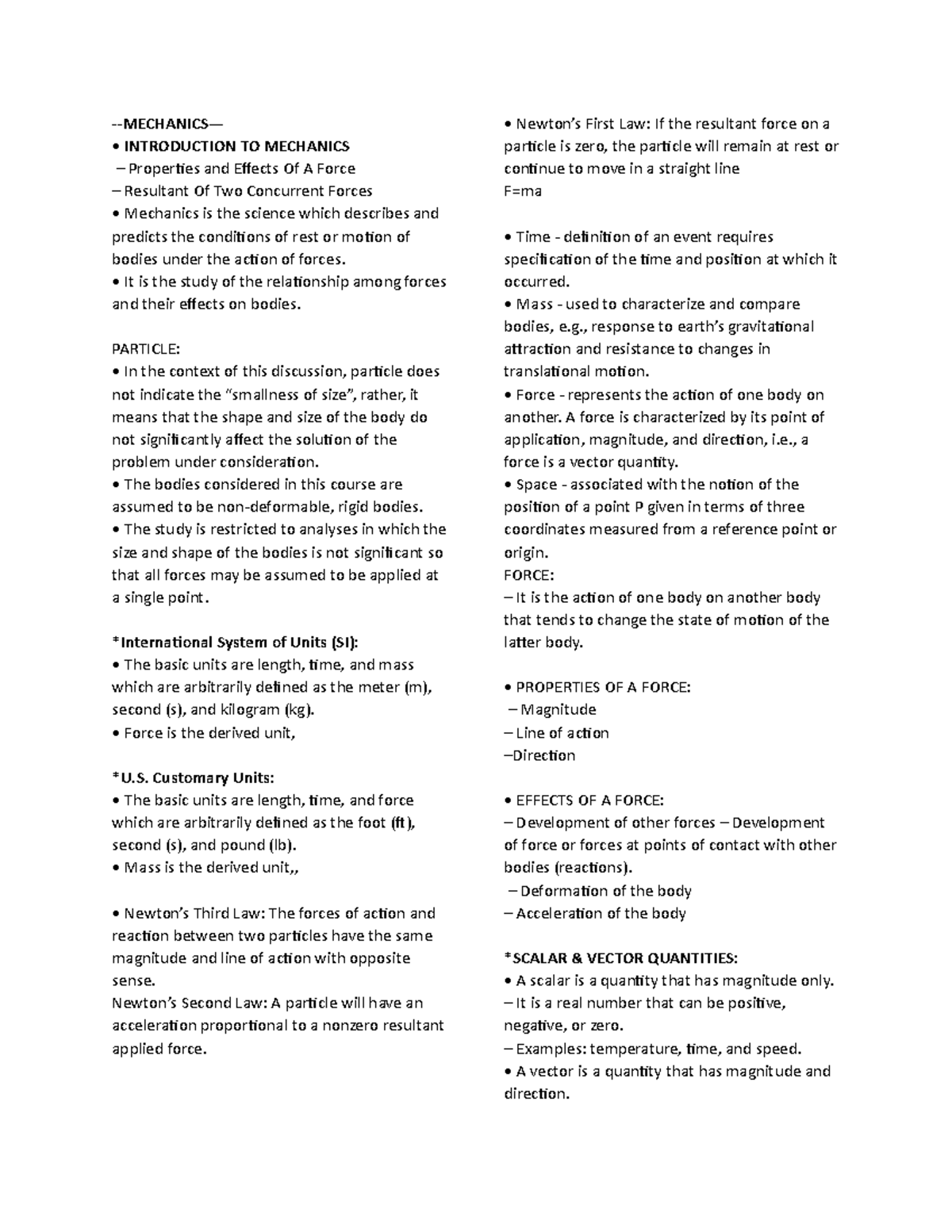 Mechanics Lec 1 Notes -MECHANICS— • INTRODUCTION TO MECHANICS ...