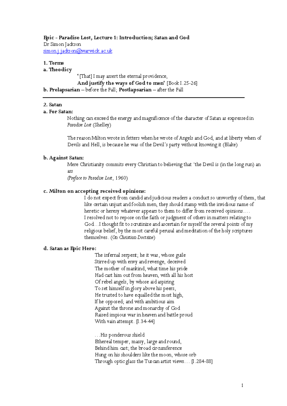 Paradise Lost 1 2017 handout - Epic Paradise Lost, Lecture 1: Satan and ...