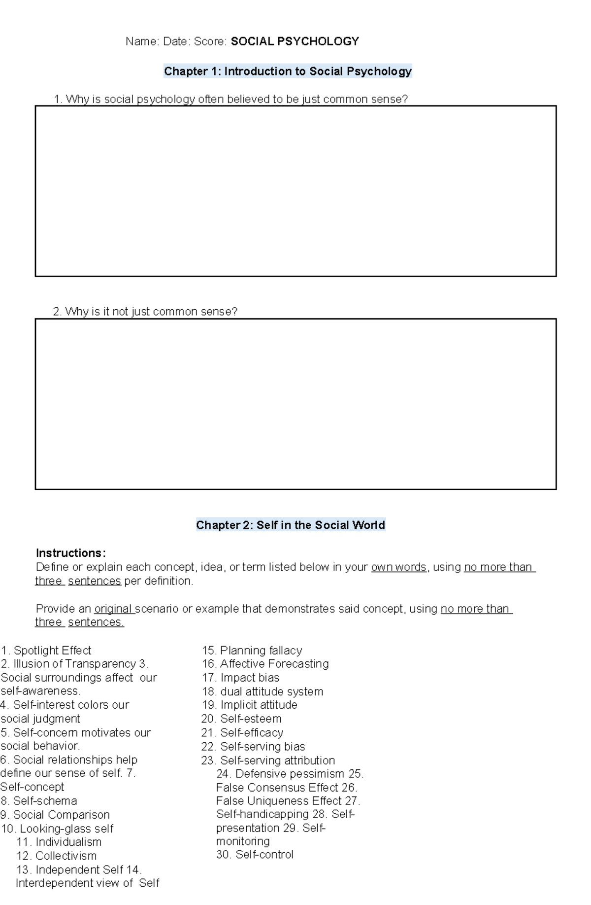 Social Psych Ch 1-2 - Name: Date: Score: SOCIAL PSYCHOLOGY Chapter 1 ...