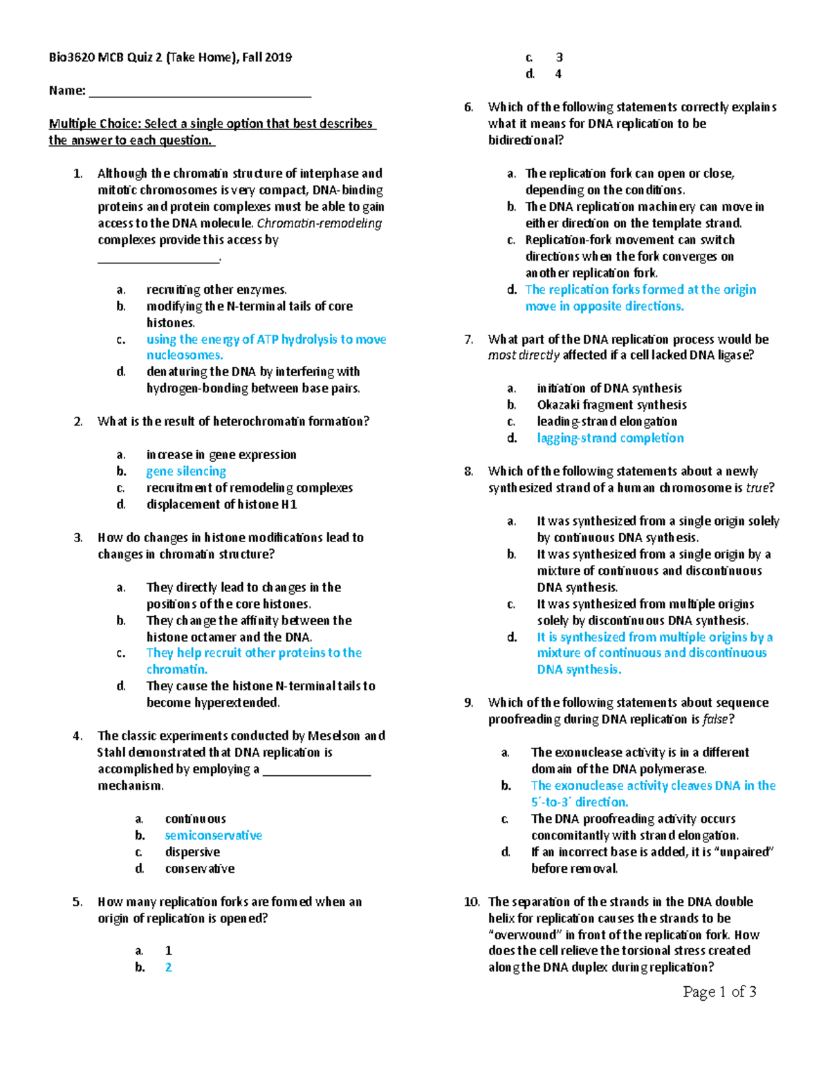 MCB Quiz2 Answers - Gault - Bio3620 MCB Quiz 2 (Take Home), Fall 2019 ...