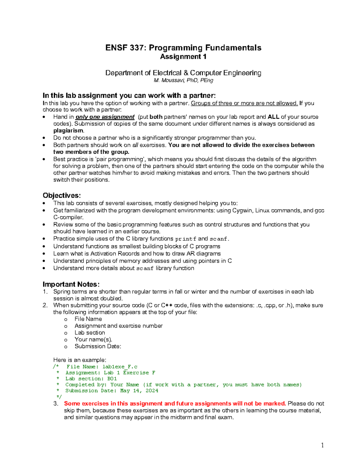 ENSF 337 Assignment 1 - Spring 2024 - ENSF 337 : Programming Fundamentals Assignment 1 ...