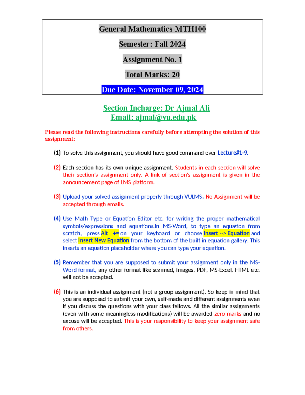 Assignment 1 Fall 2024 MTH100 (Dr Ajmal Ali) - General Mathematics-MTH Semester: Fall 2024 - Studocu