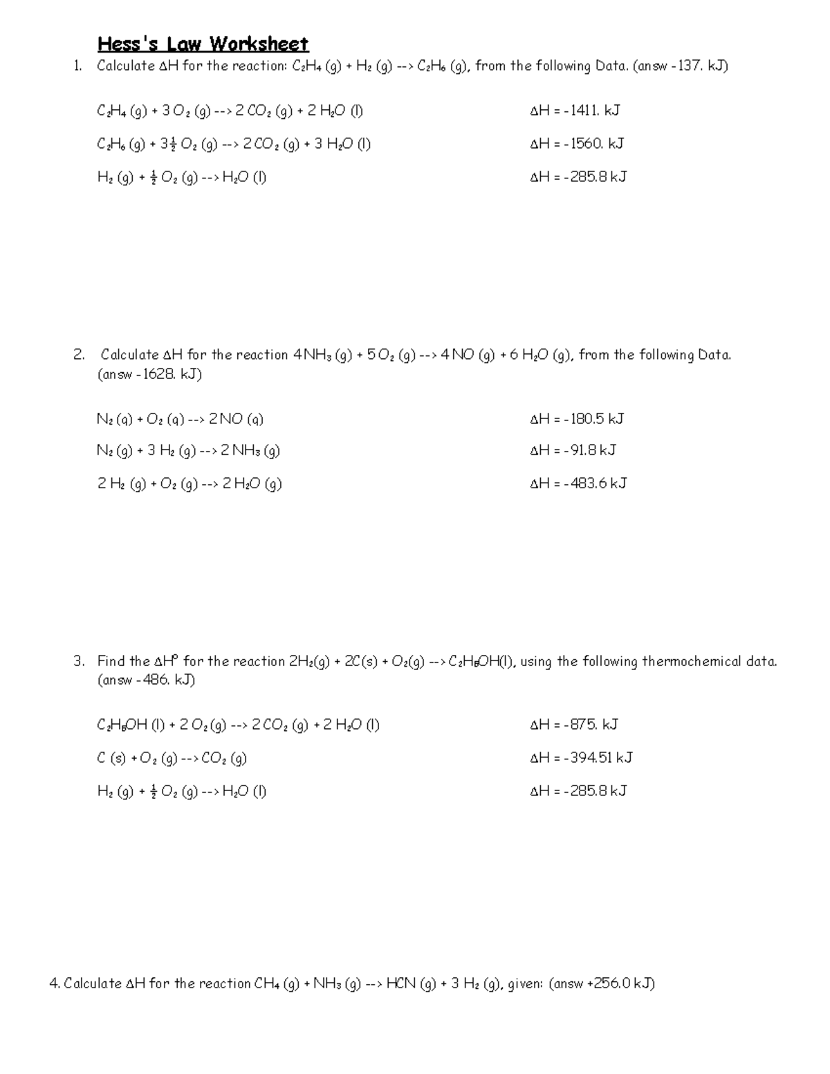 Hess Law worksheet - Hess's Law Worksheet Calculate H for the reaction ...
