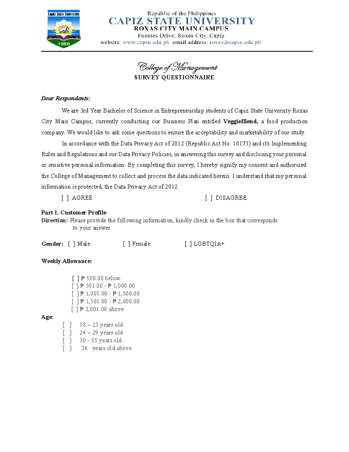 Survey Questionnaire for Research - College of Management SURVEY ...