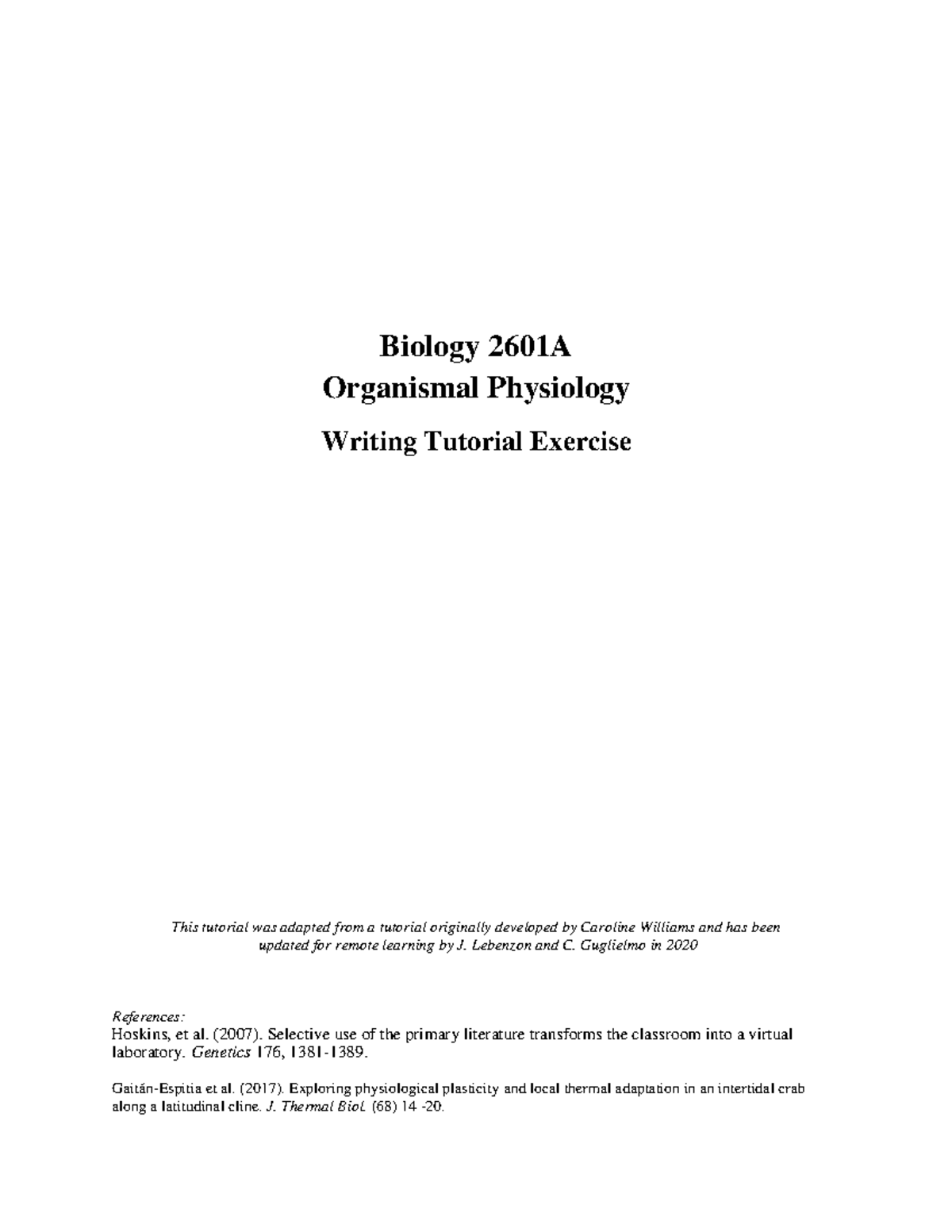 Writing Tutorial Sheet for Lab 1 - Biology 2601A Organismal Physiology ...
