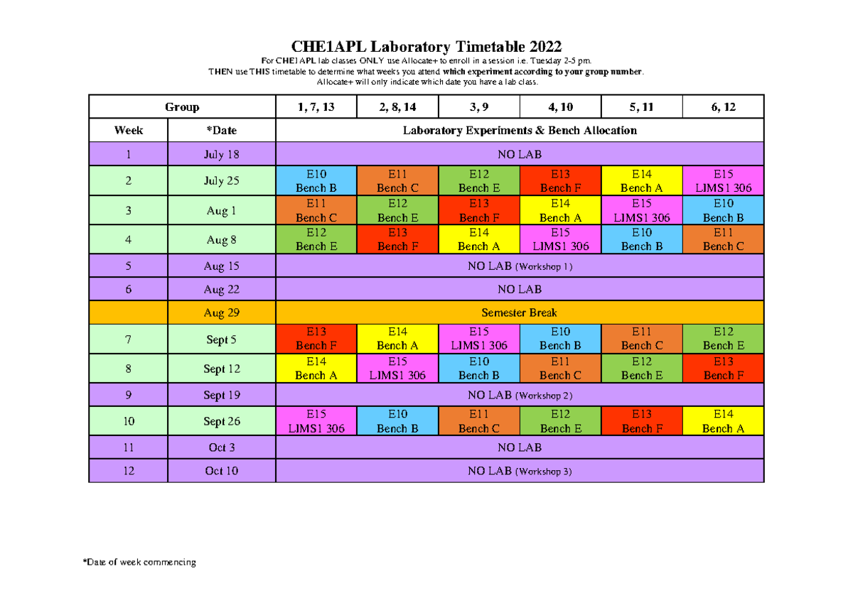 APL Lab Timetable 2022 - *Date of week commencing CHE1APL Laboratory ...