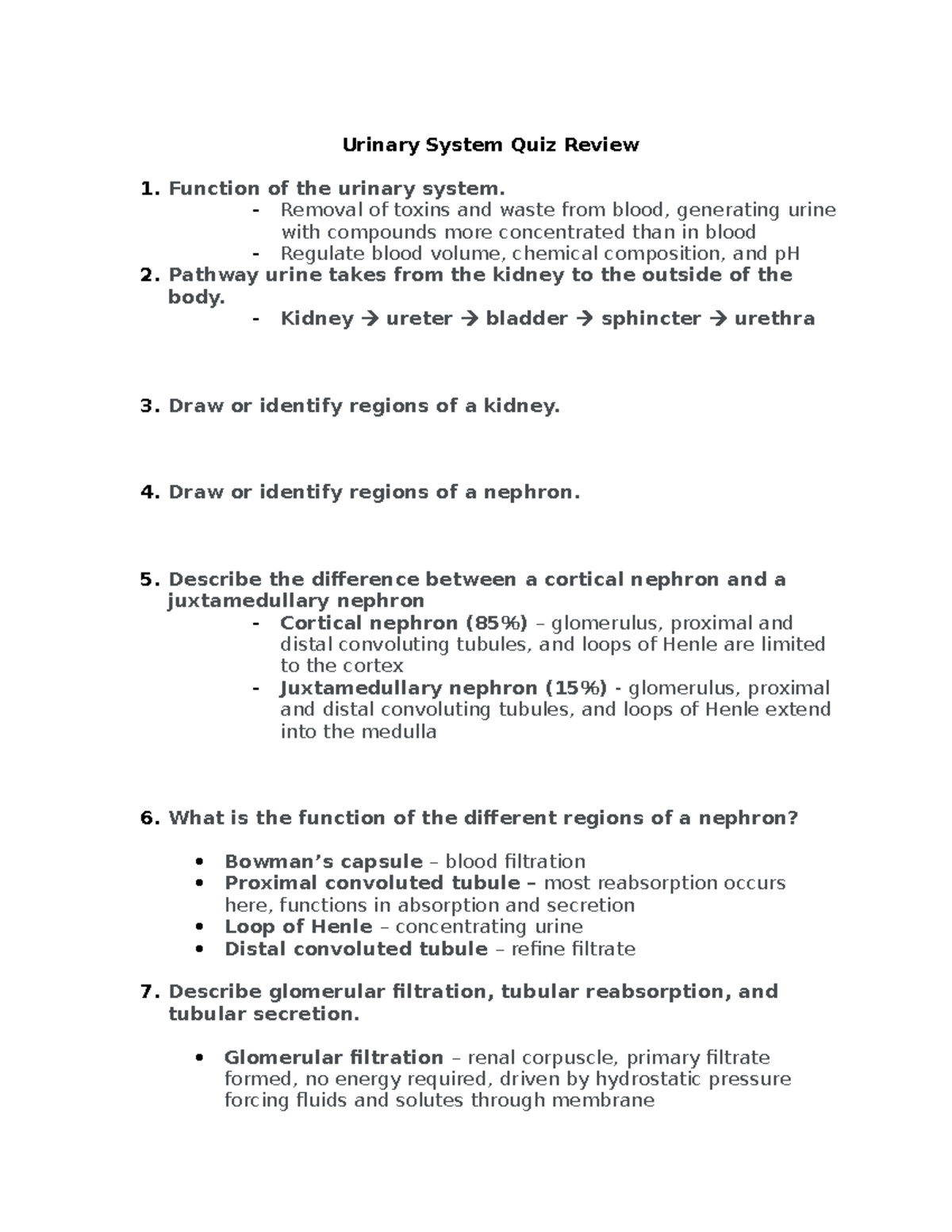 Urinary System Quiz Review - Removal of toxins and waste from blood ...
