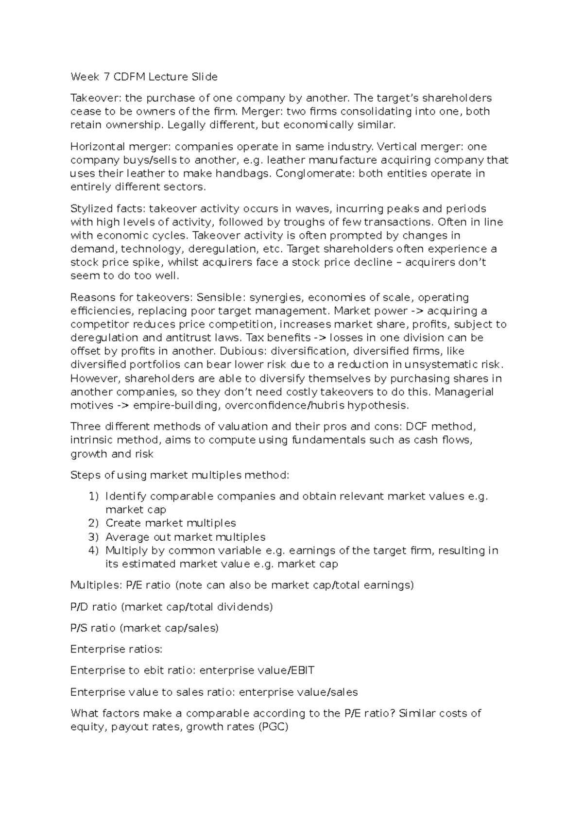 Corporate Finance - Week 7 CDFM Lecture Slide Takeover: the purchase of ...